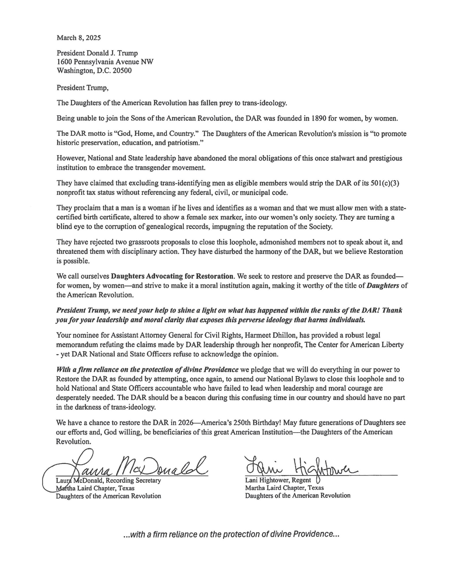 Daughters Advocating for Restoration Appeal to President Trump – The ...